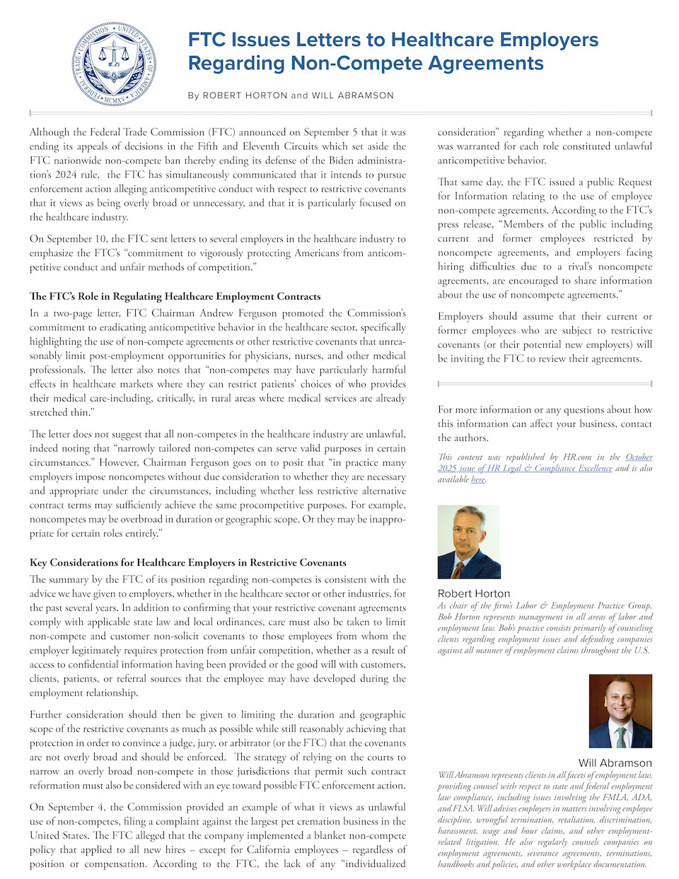 FTC Issues Letters to Healthcare Employers Regarding Non- Compete ...
